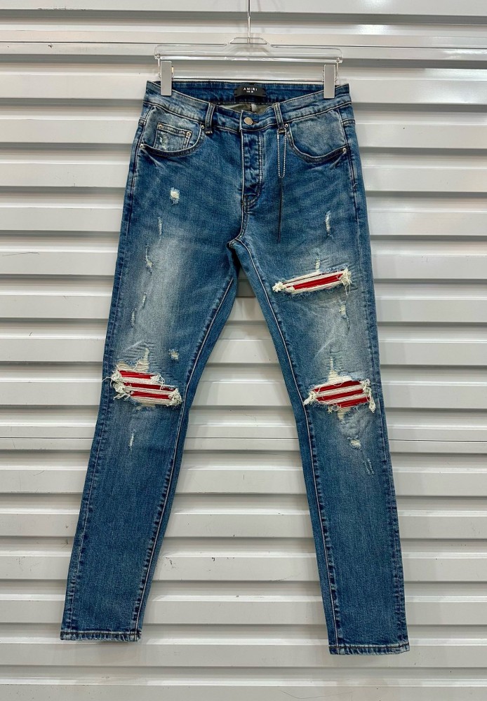 US$ 144.42 - 1:1 quality version Red Leather Ripped Patch Jeans - www ...